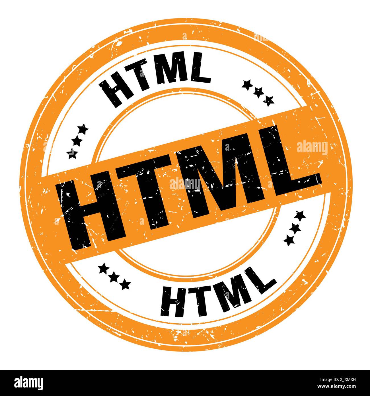 HTML text written on orange-black round grungy stamp sign Stock Photo ...