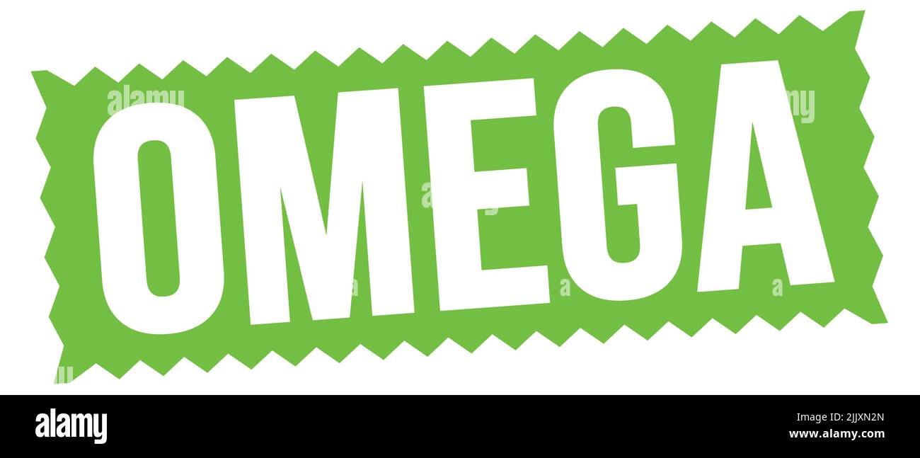 OMEGA text written on green zig-zag stamp sign Stock Photo - Alamy