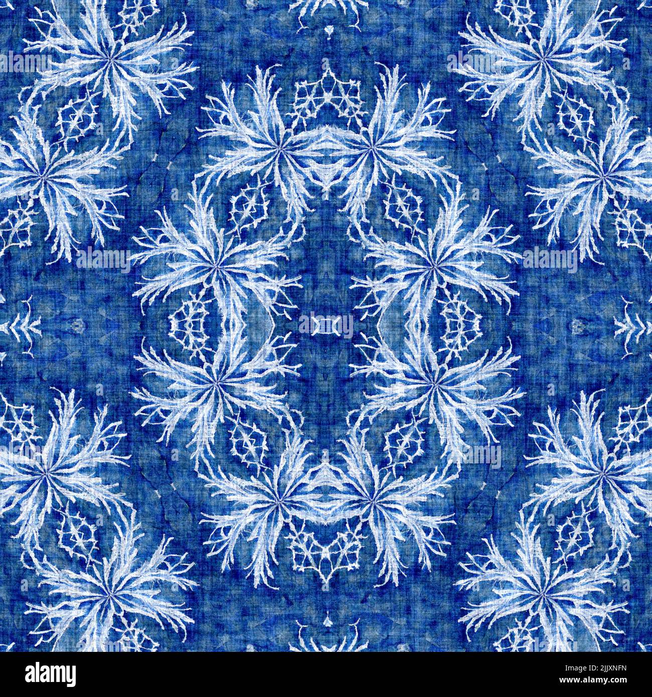 Indigo blue snow flake pattern background. Frosty batik painterly ...
