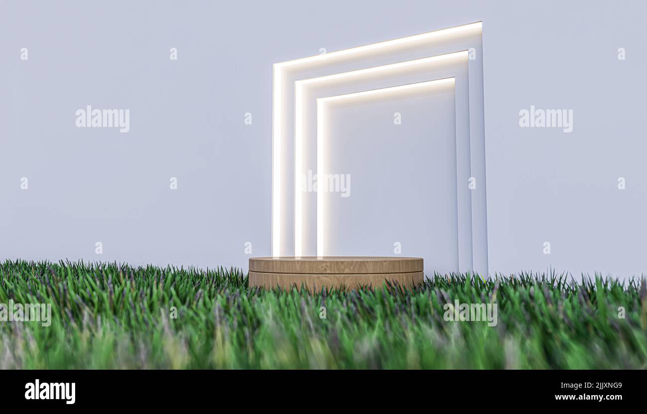 A 3d rendering image of product display on green grass which have white ...