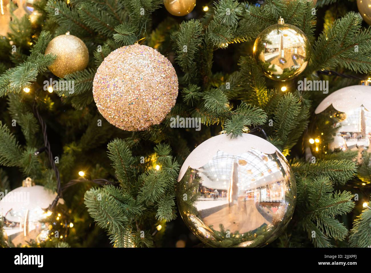 Christmas background - baubles and branch of spruce tree Stock Photo ...