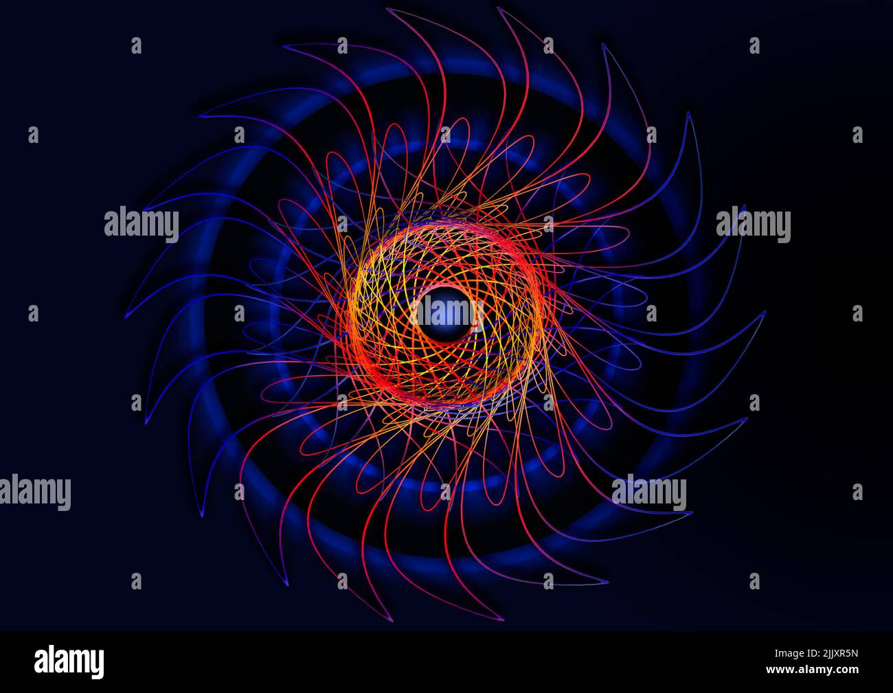 Bright abstract fractal pattern of curved rainbow shapes emanating from ...