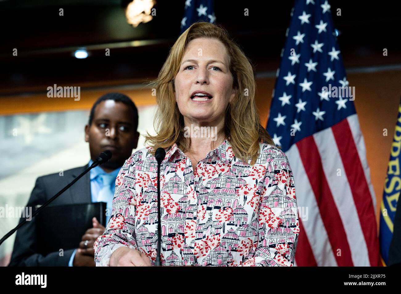 U.S. Representative Kim Schrier (D-WA) speaking at a press conference ...