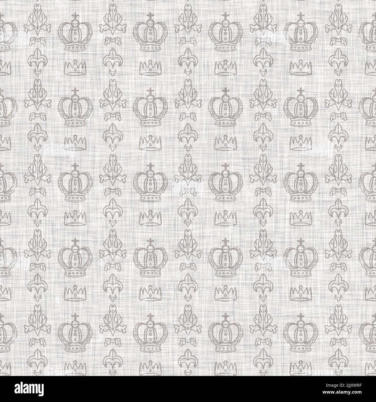 French grey crown motif seamless pattern. Tonal country cottage style ...