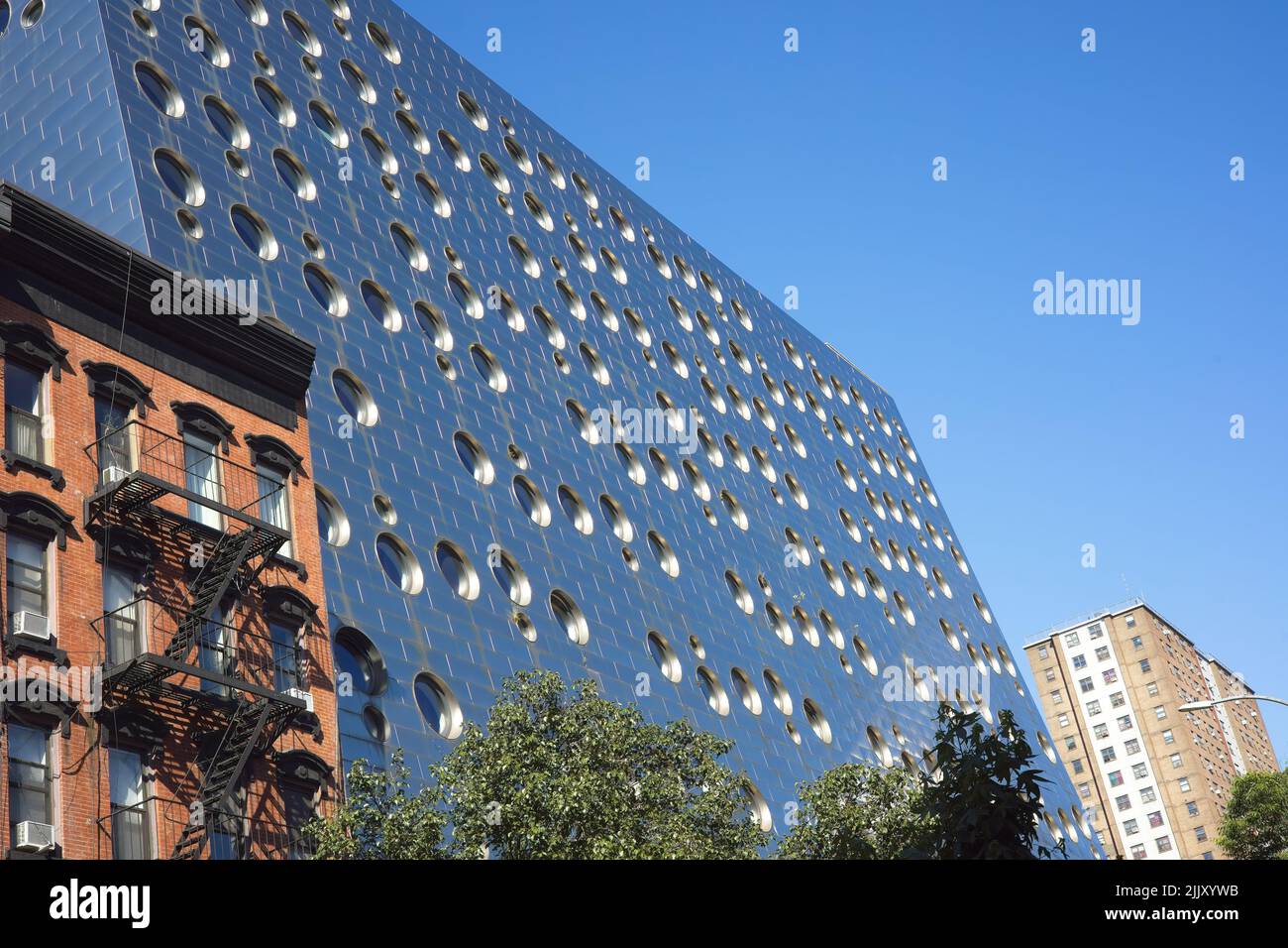 New York, NY, USA - July 27, 2022: The metallic outside with circular ...