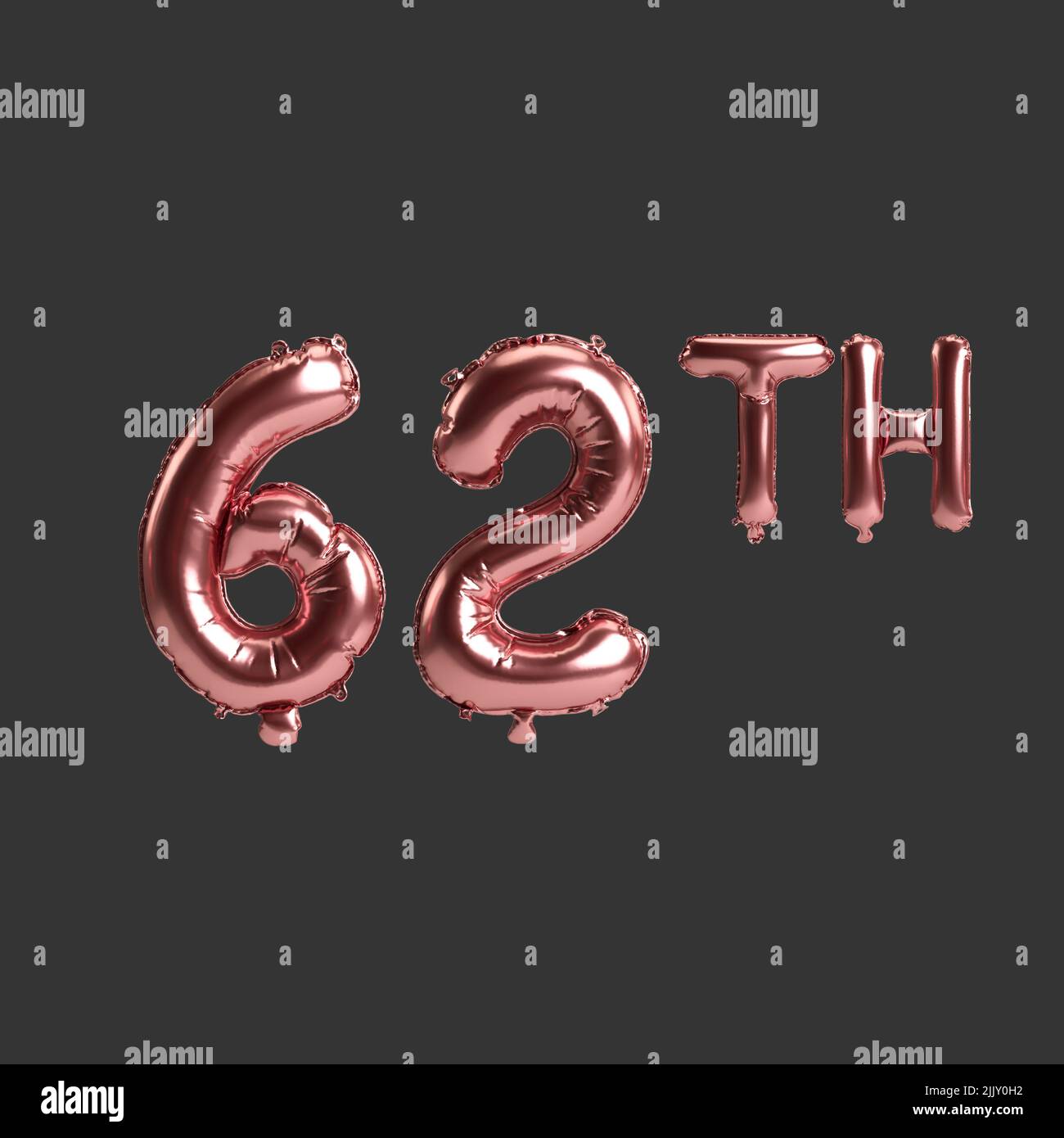 3d illustration of 62th metal rose balloons isolated on black ...