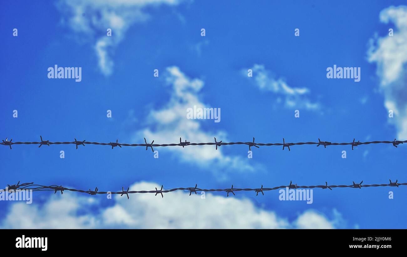 A low angle shot of barbed wire under a blue sky-freedom concept Stock ...