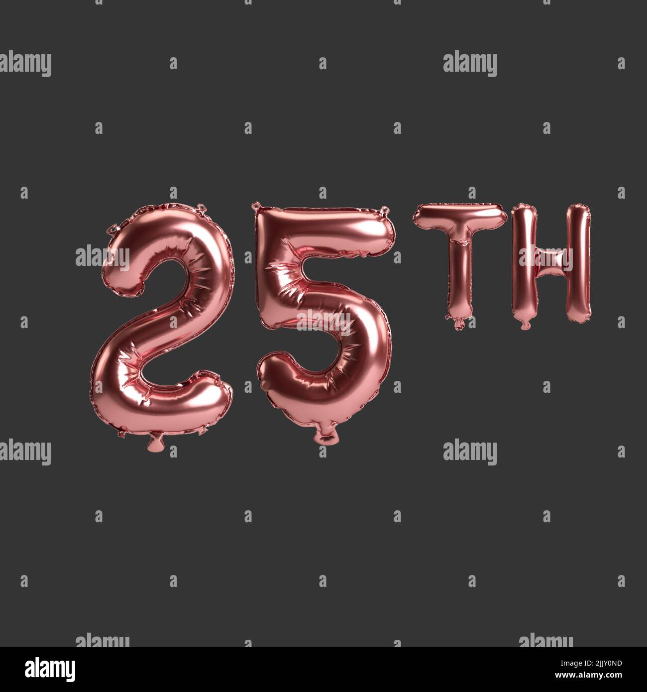3d illustration of 25th metal rose balloons isolated on black ...