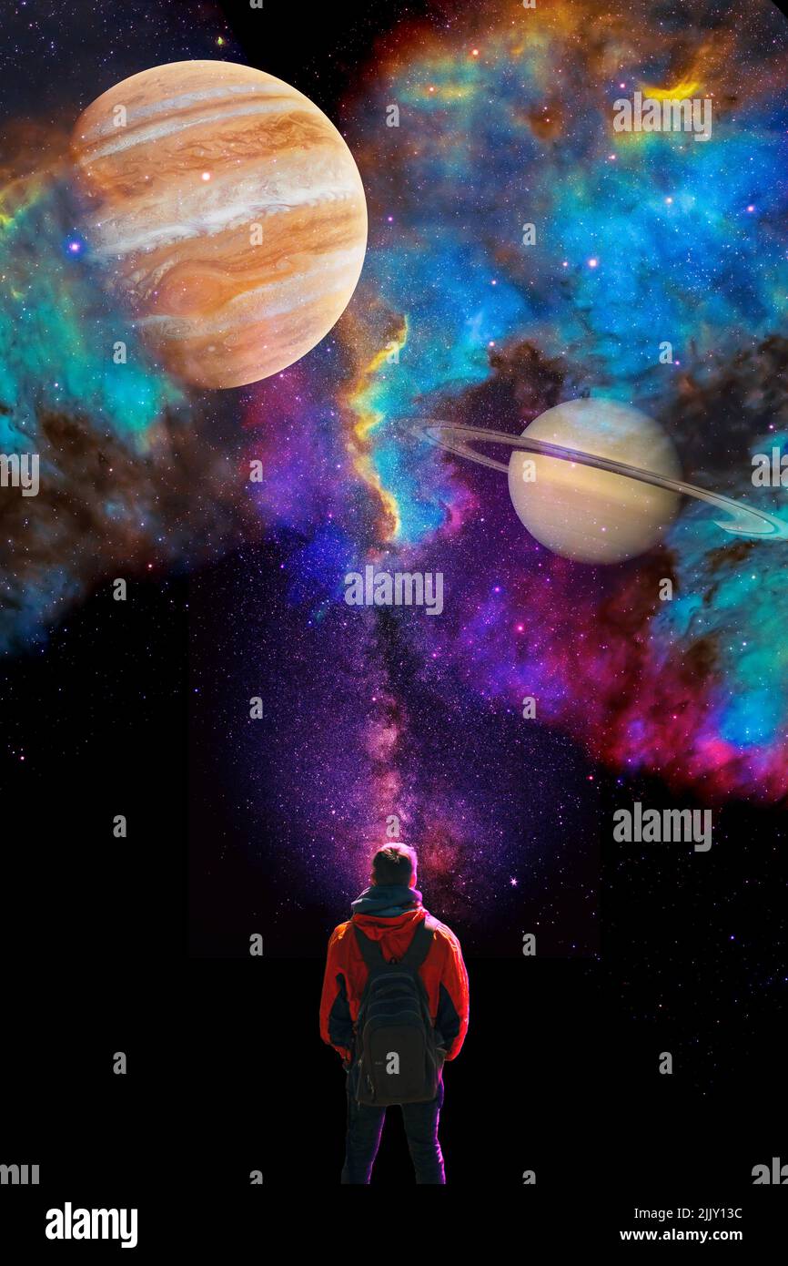 A man exploring space, going on an imaginative adventure Stock Photo ...