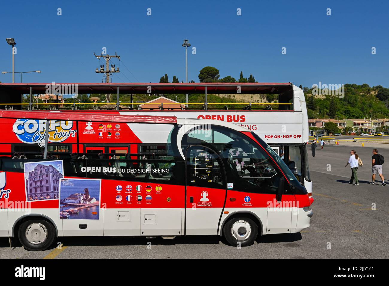 Corfu, Greece - June 2022: Hop on hop off tourist sighteeing buses ...
