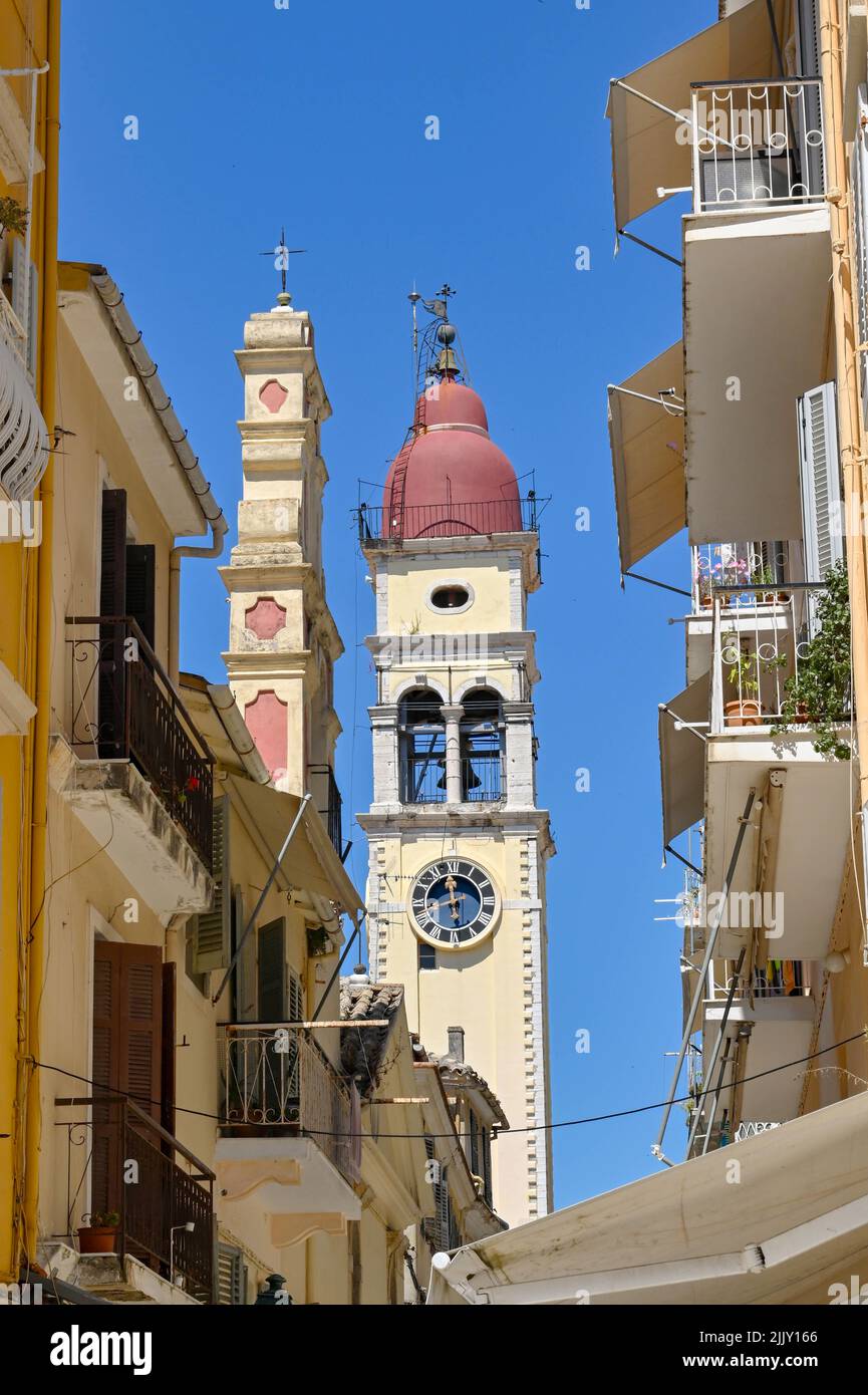 Corfu, Greece - June 2022: Old bell tower with clock above one of the ...