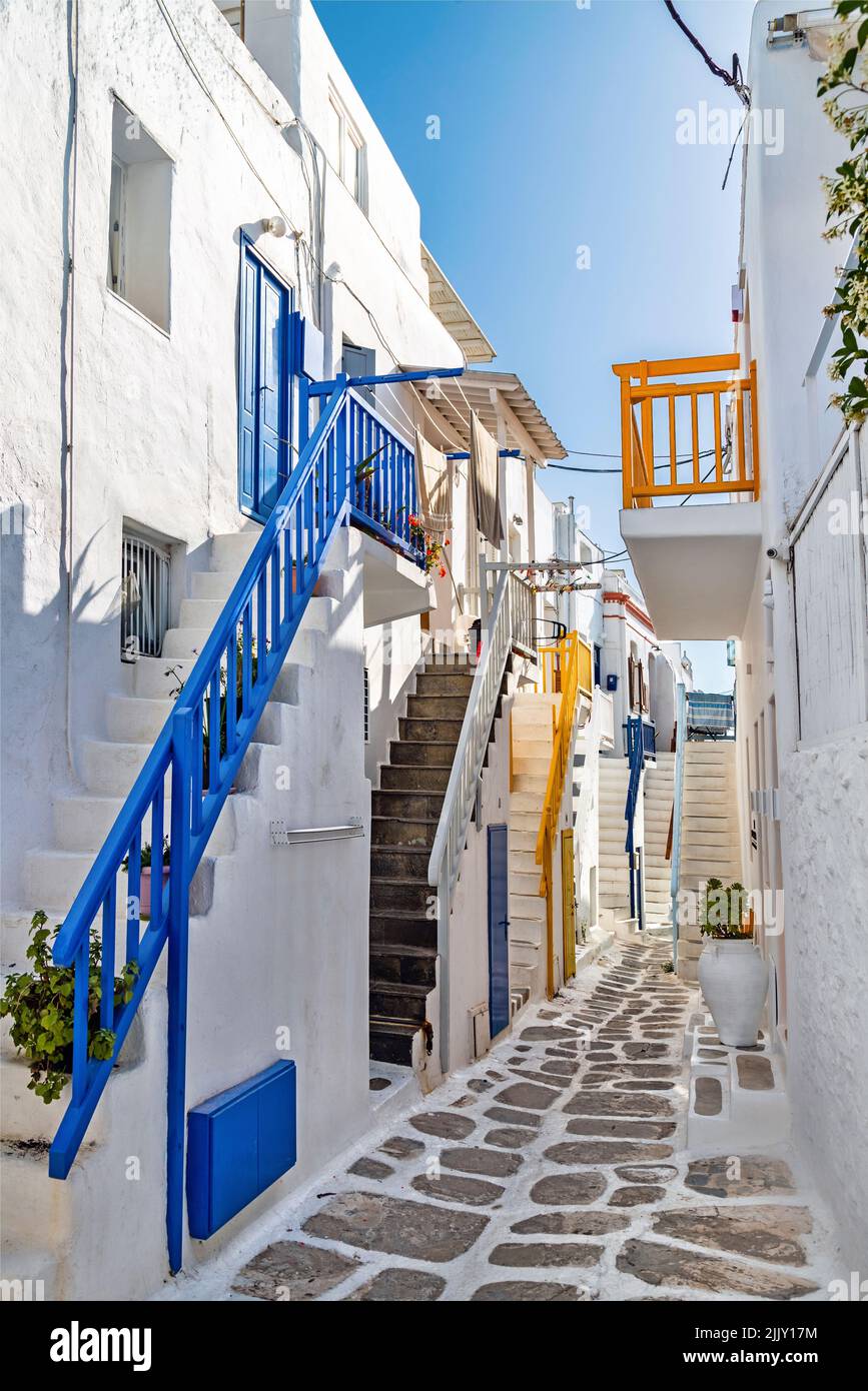 Colorful railings on the stairs in the "backstreets" of the Chora ...