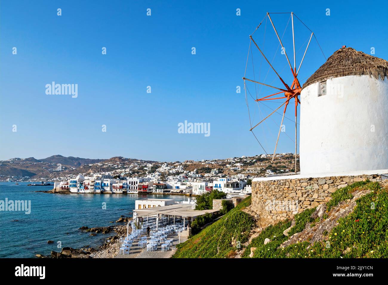One of the famous windmills in Chora, Mykonos island, Greece. In the ...
