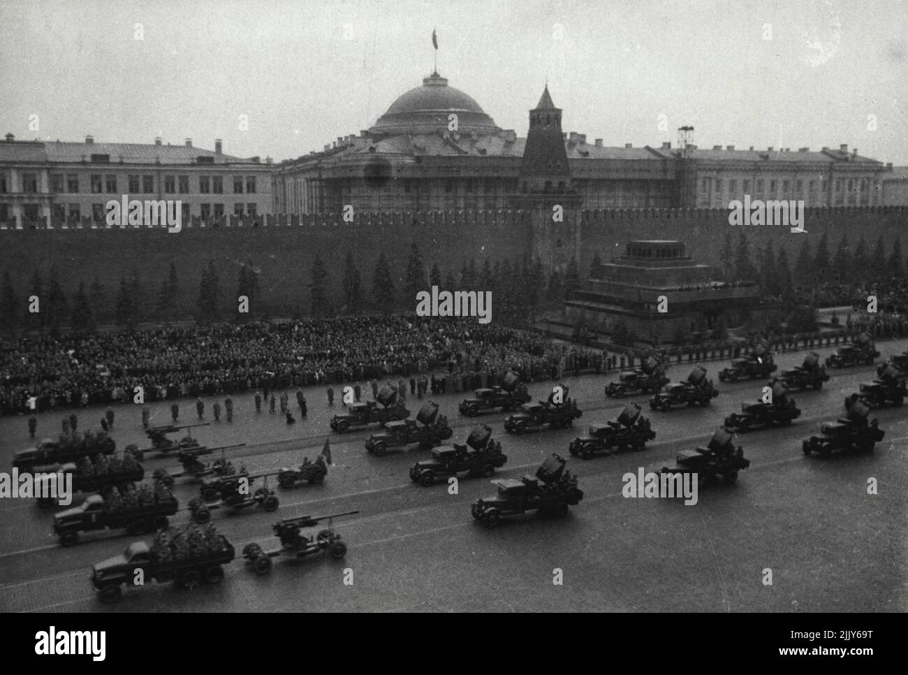 Parade on Red Square in Moscow, Nov. 7, 1945 -- Soviet artillery and ...