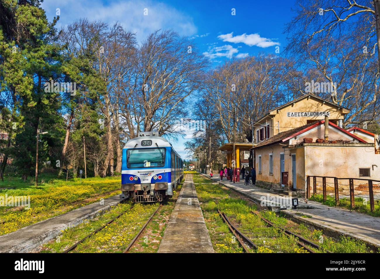 The train from Florina arrives at the train station of Edessa town ...