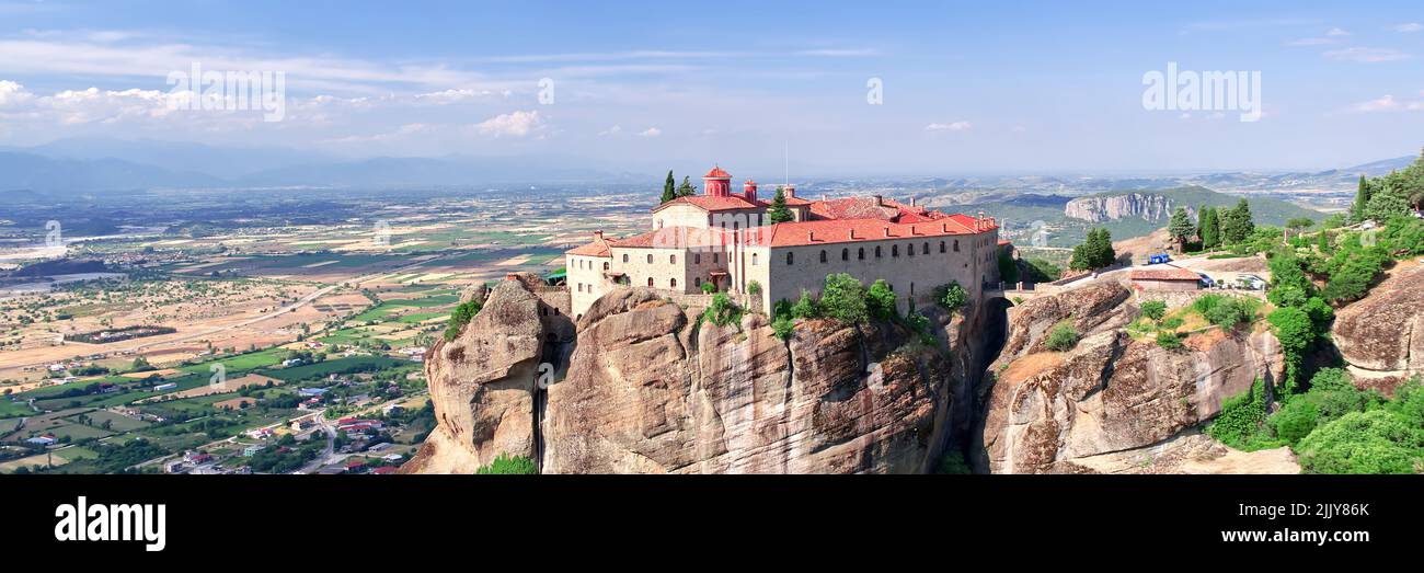 Stone monastery in the mountains. Kalabaka, Greece summer cloudy day in ...