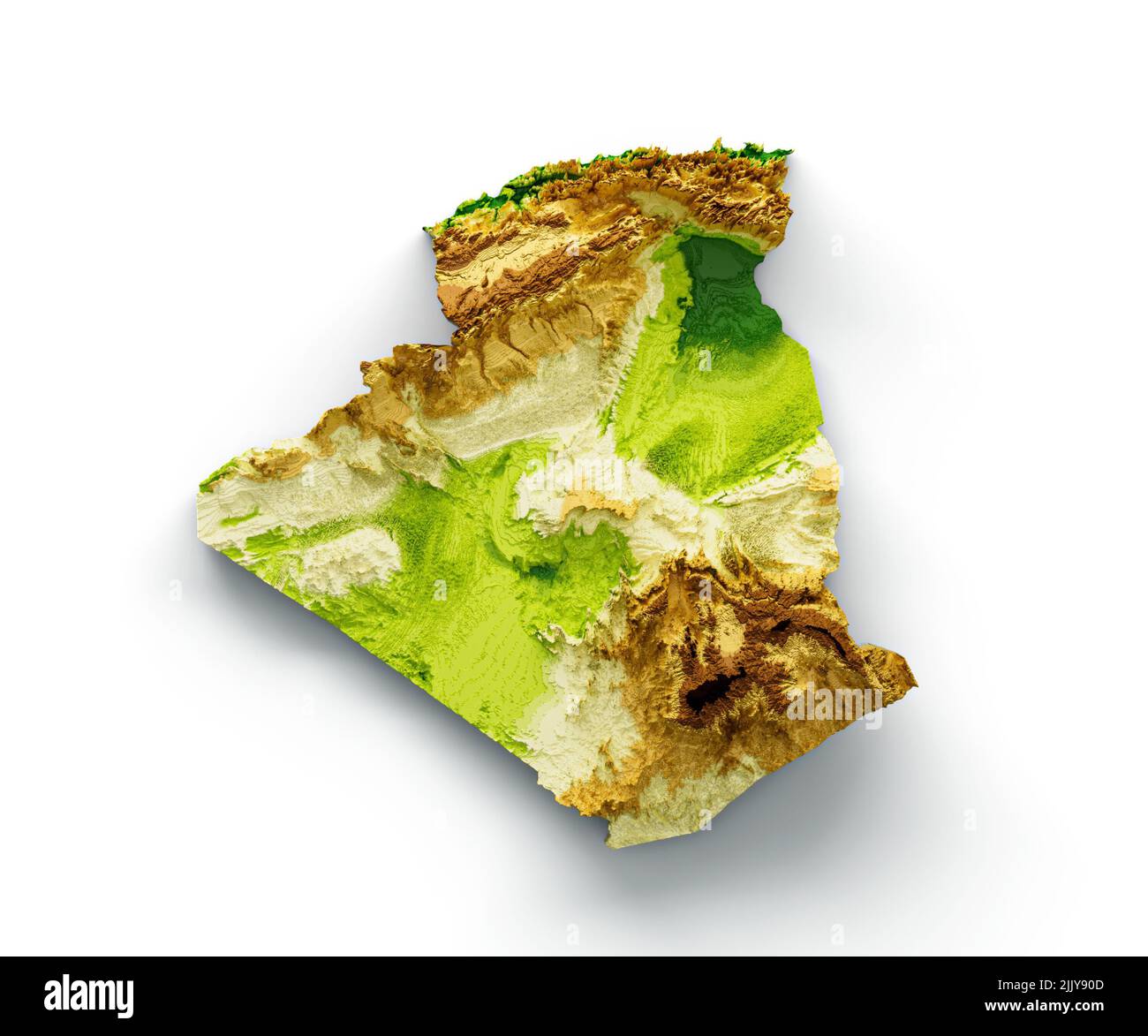 A 3D rendering of an outlined land piece of Algeria covered with ...