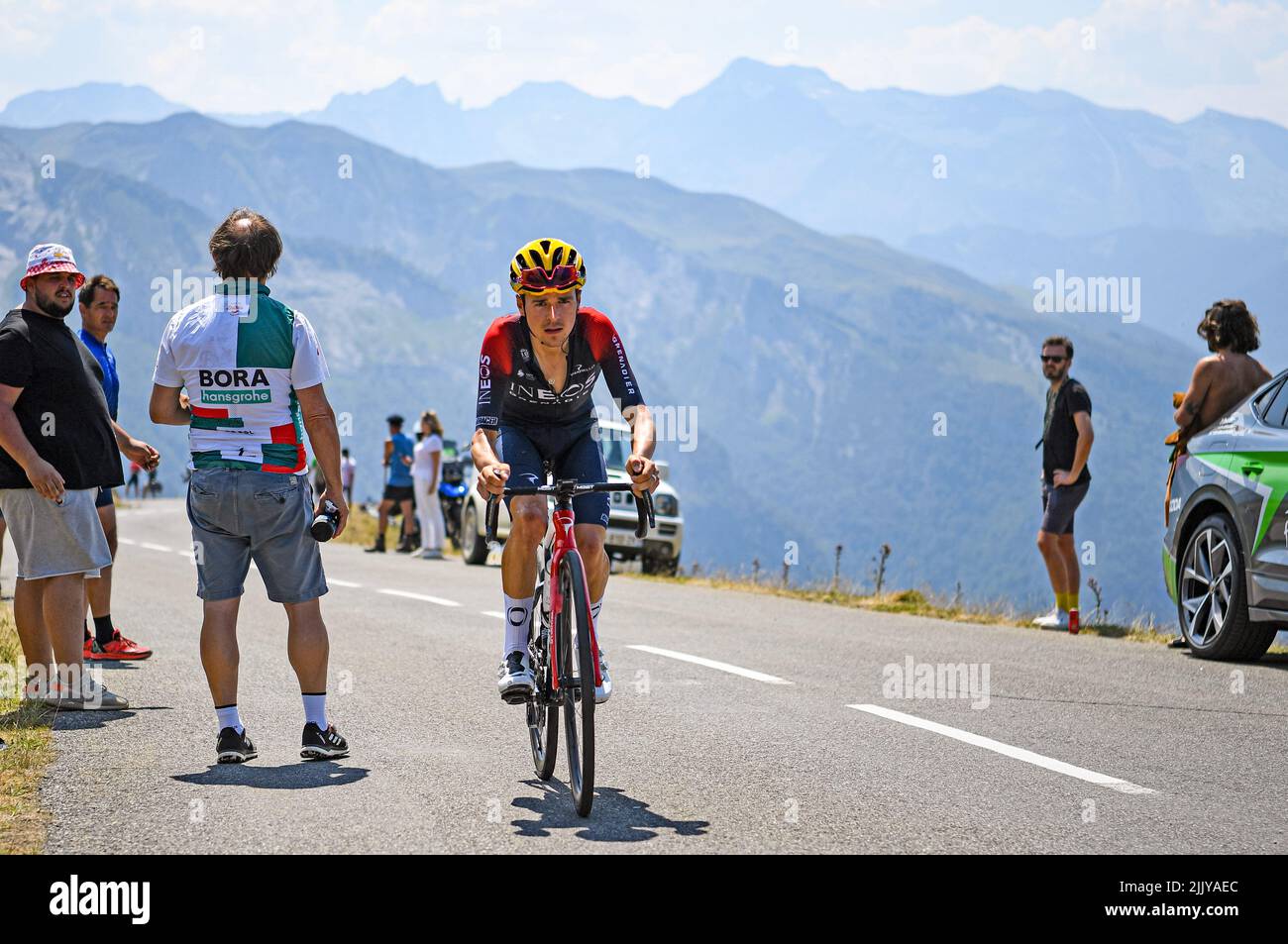 British rider Tom Pidcock (Ineos) climbing the Col de l'Aubisque in the ...