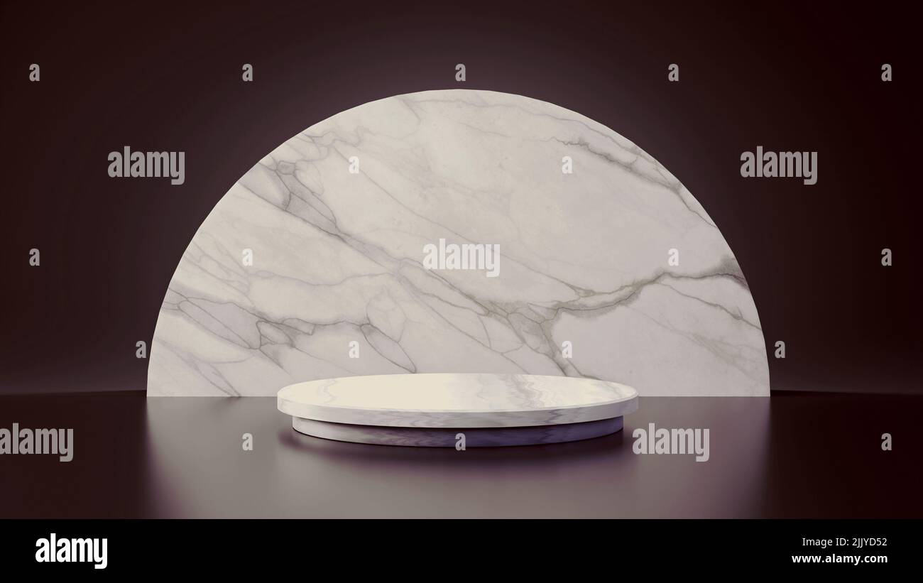 White 3D rendered marble product half moon circle stand on black ...