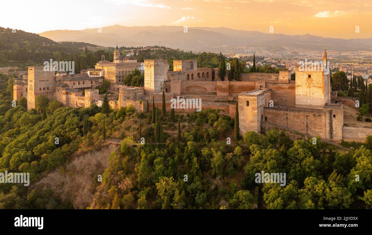The Alhambra Fortress in Granada Spain as seen from a drone. Unique ...