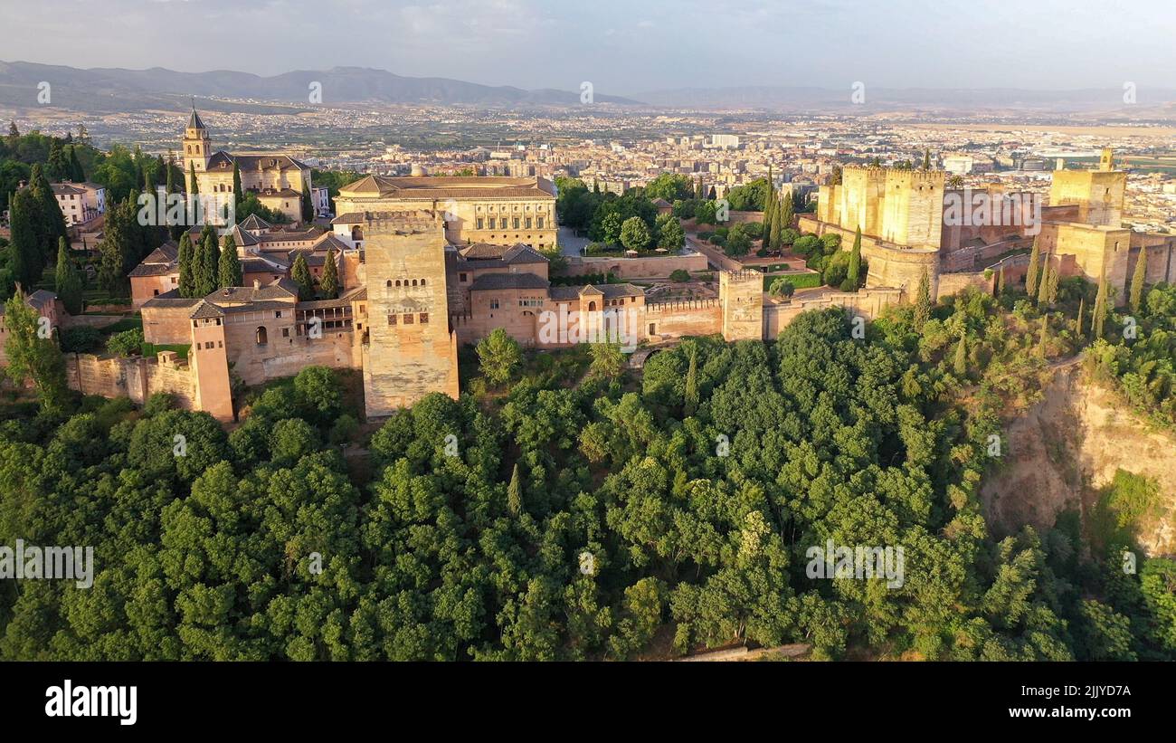 The Alhambra Fortress in Granada Spain as seen from a drone. Unique ...