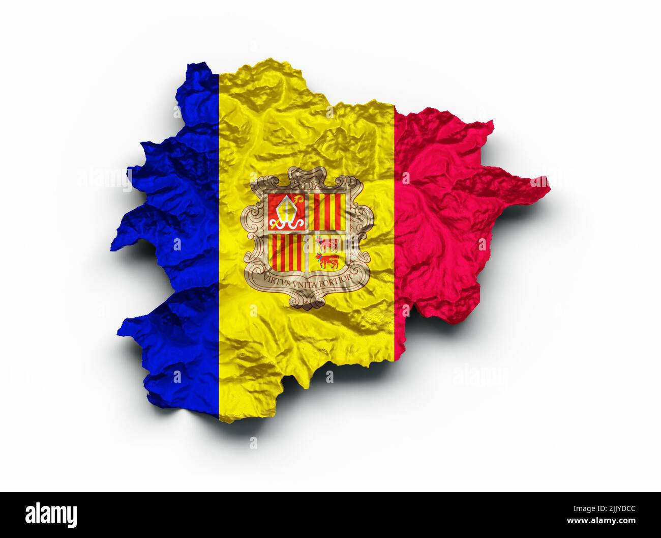 A 3D rendering of an outlined map piece of Andorra covered in flag ...