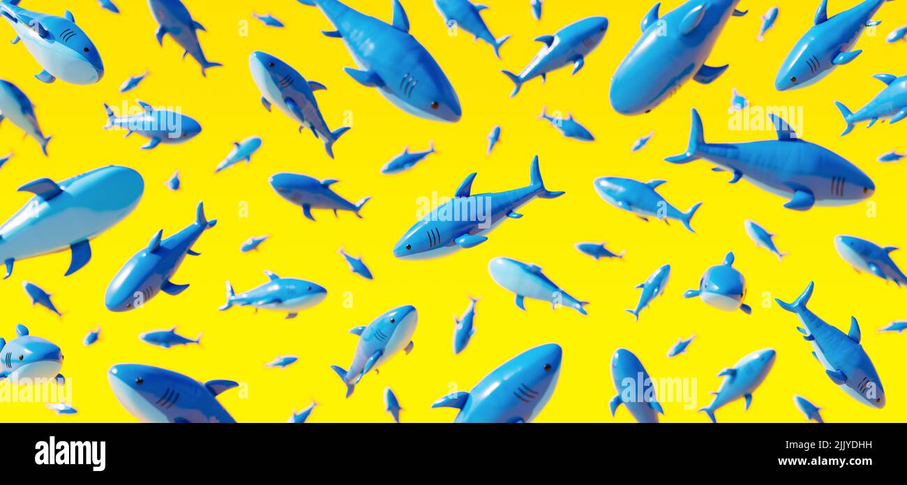Inflatable blue shark on yellow background. Summer travel concept 3d ...