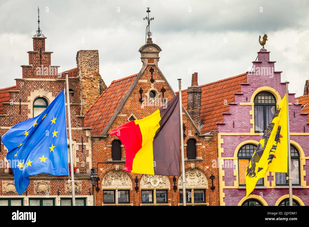 Bruges market square with belgian and euro flags winding pattern Stock ...