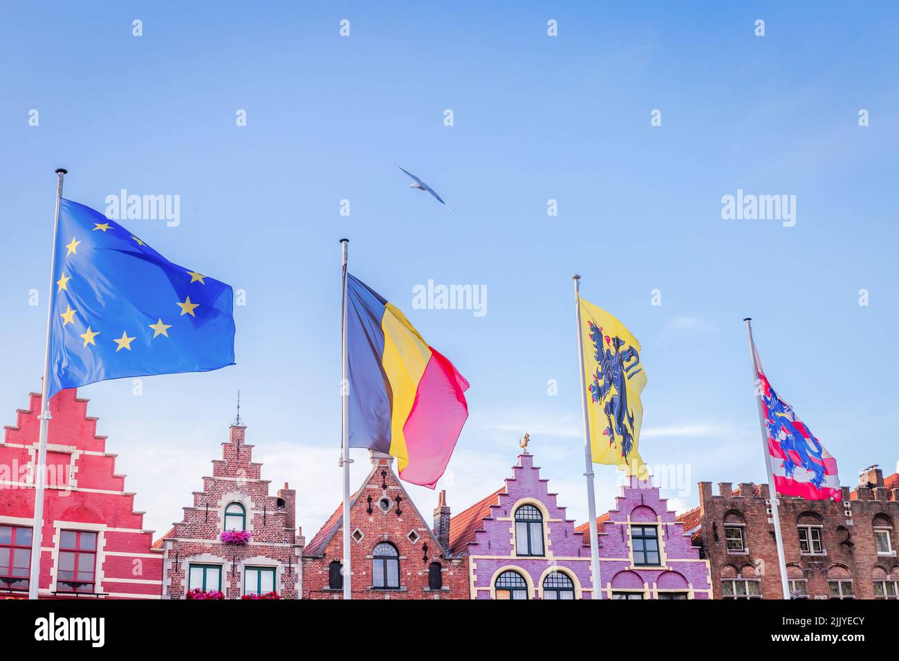 Bruges market square with belgian and euro flags winding pattern Stock ...