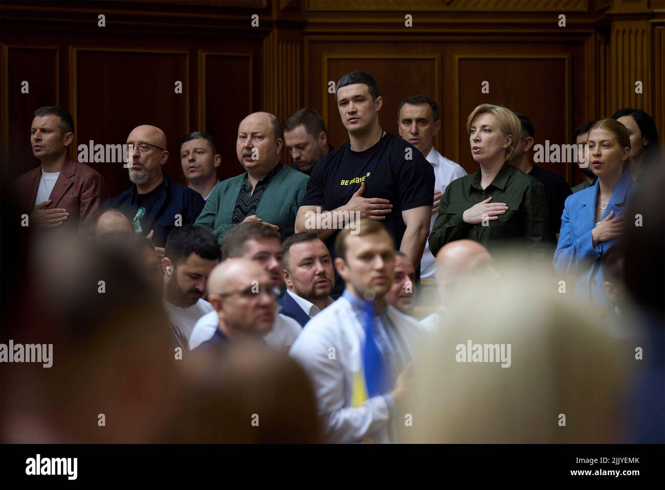 Kyiv, Ukraine. 28th July, 2022. Members of the Ukrainian cabinet stand ...