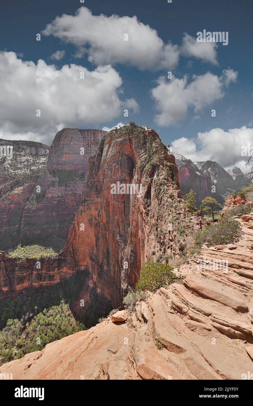 a vertical shot of Angels Landing Trail, scenic views over the Virgin ...
