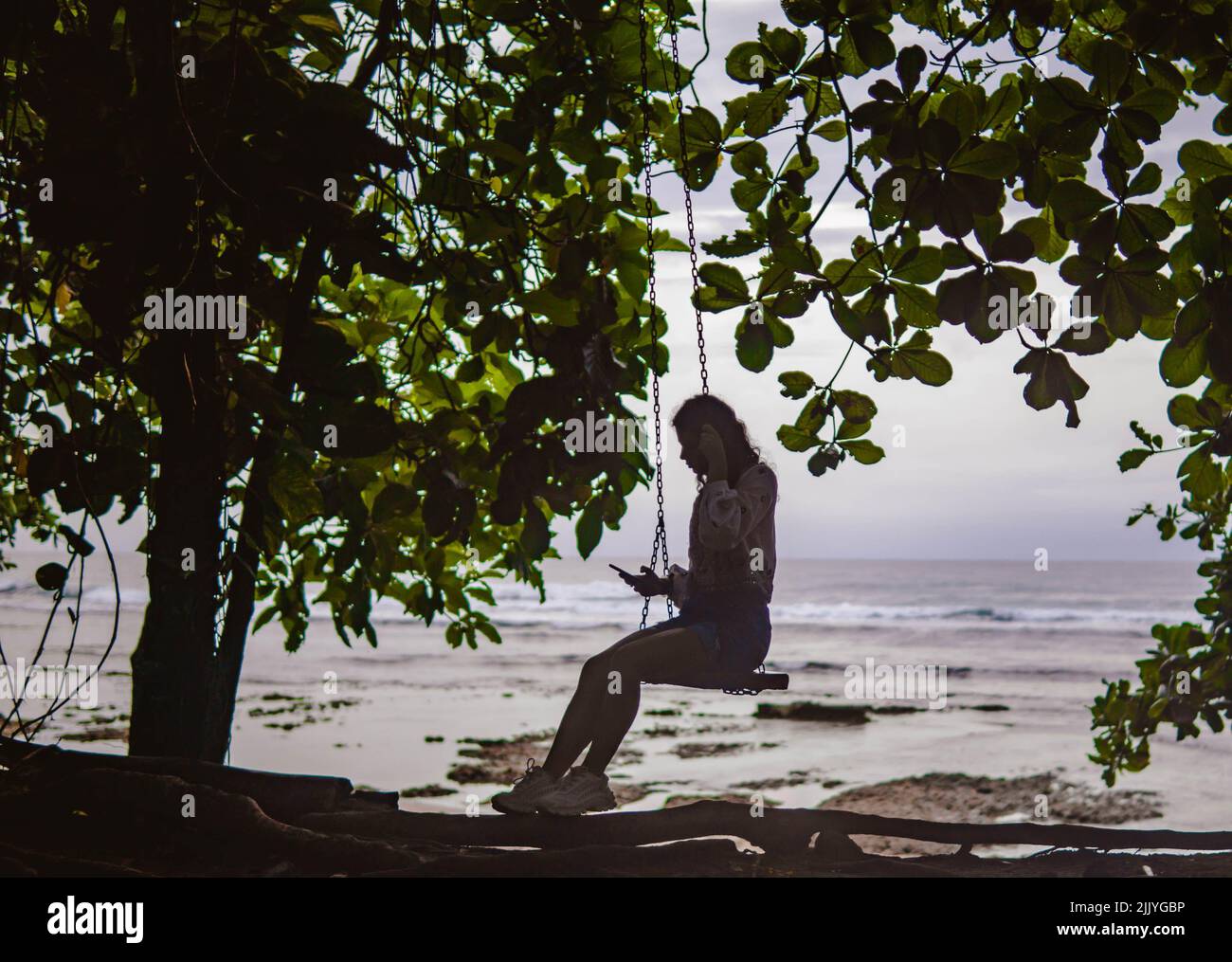 woman sitting on a winged swing by the sea Stock Photo - Alamy