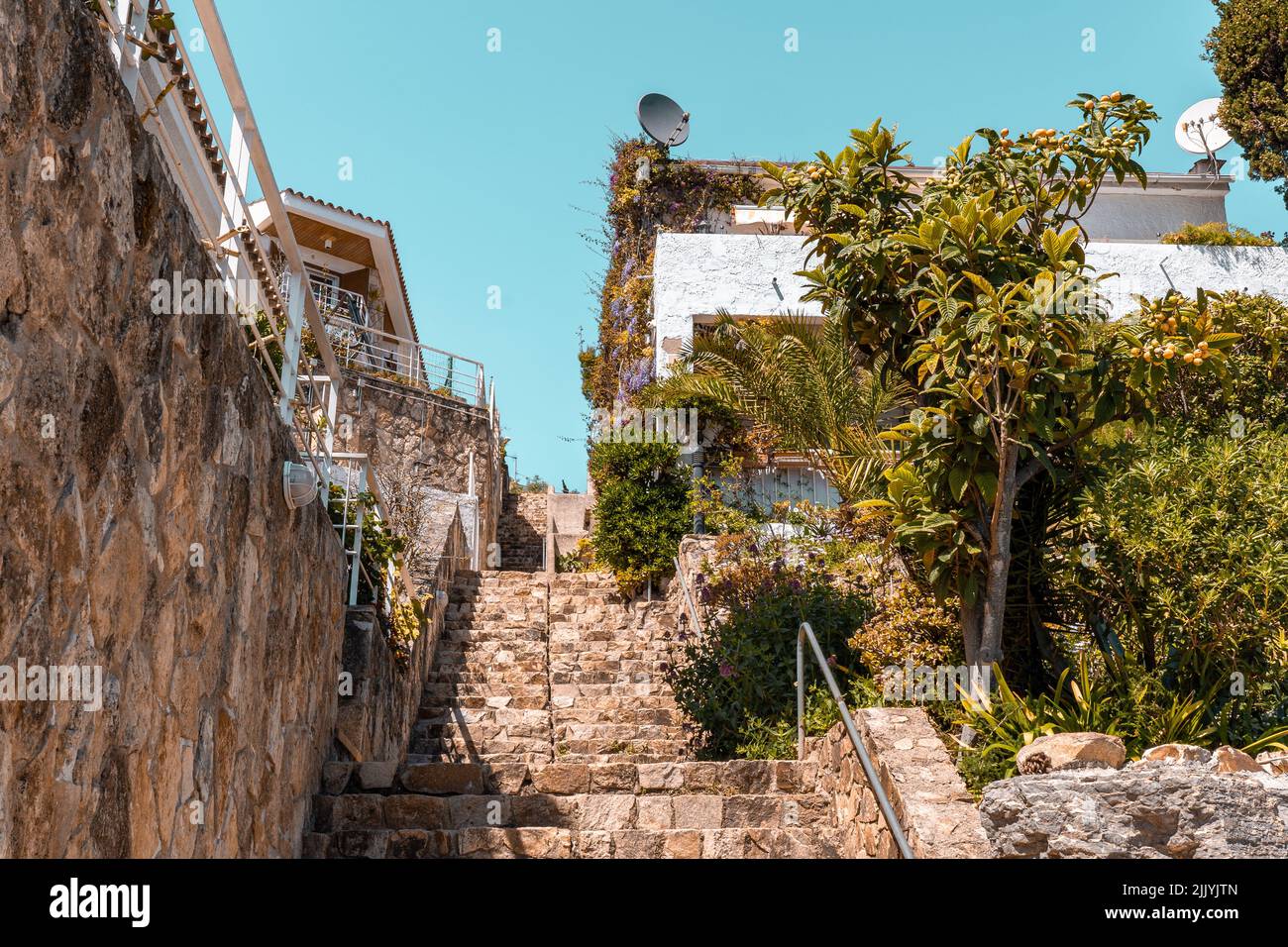Charming old architecture on a coastal city in Spain. Stone made ...