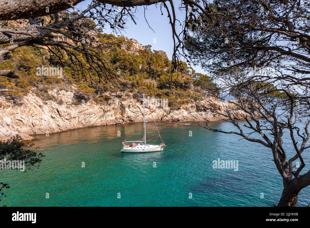 Coastal landscape with rocky hills and trees. Boat or yacht sailing on ...