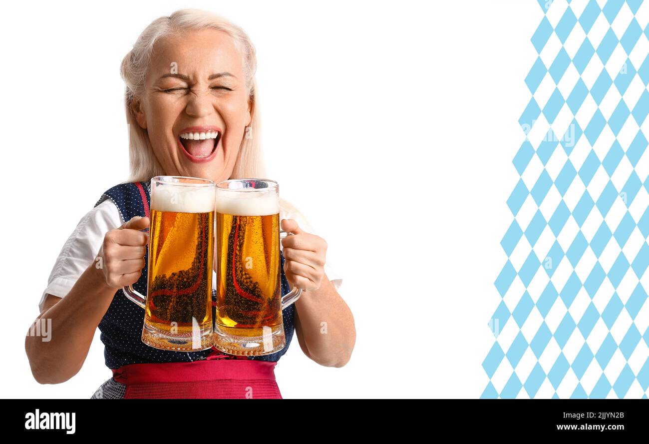 Funny Oktoberfest waitress with big head holding mugs of beer on white ...