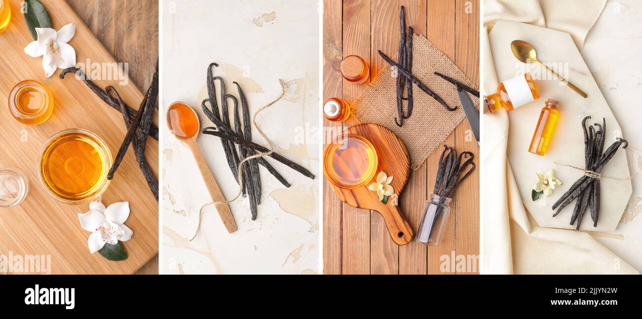 Collage with vanilla extract, top view Stock Photo - Alamy