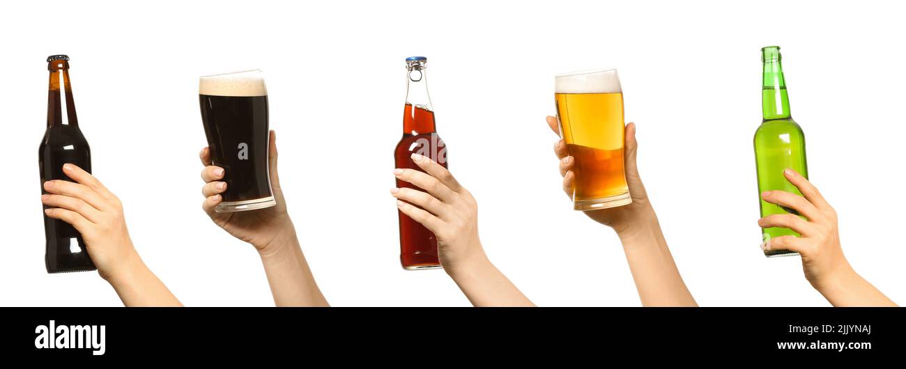 Set of hands with beer isolated on white Stock Photo - Alamy