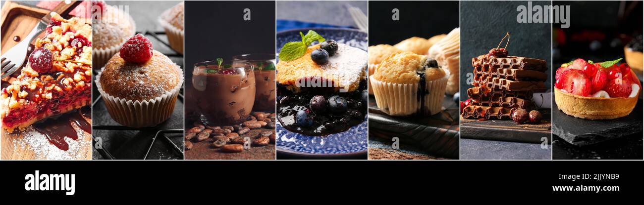 Collage of delicious desserts on dark background Stock Photo - Alamy