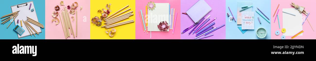 Collage with different school supplies on color background, flat lay ...