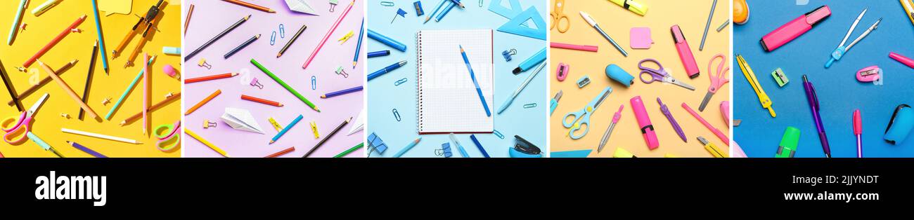Collage with different school supplies on color background, flat lay ...