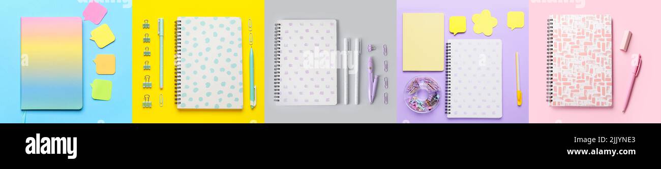 Collage with different school supplies on color background, flat lay ...
