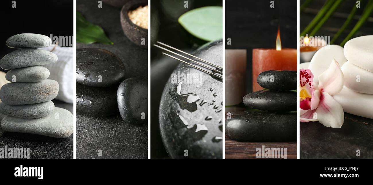 Collage with spa stones, candles and acupuncture needles Stock Photo ...