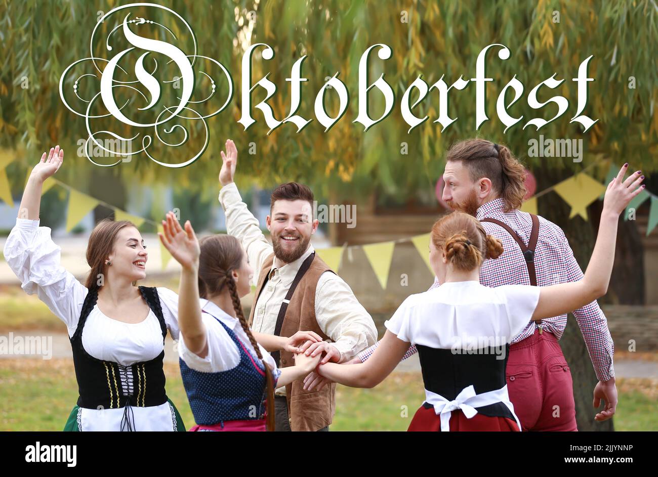Drunk people dancing and celebrating Octoberfest outdoors Stock Photo ...