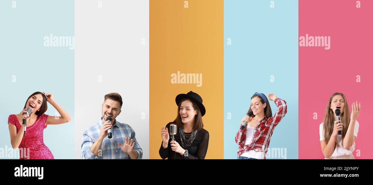 Set of different people with microphones on color background Stock ...