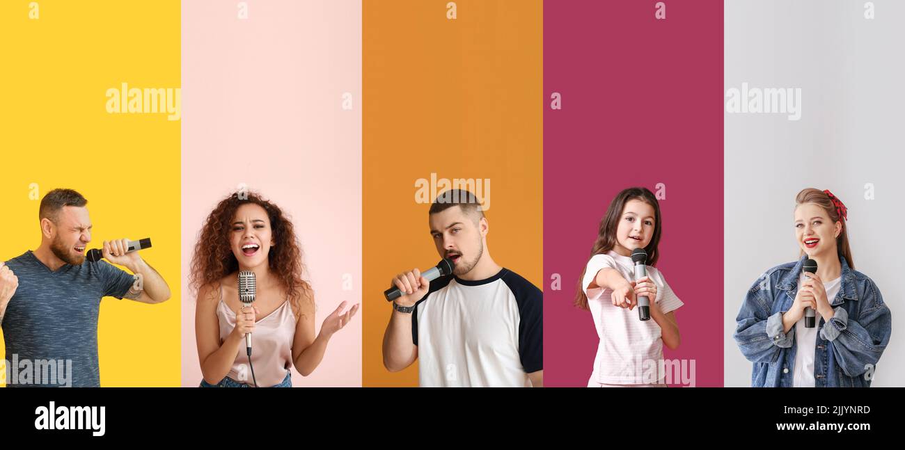 Set of different people with microphones on color background Stock ...