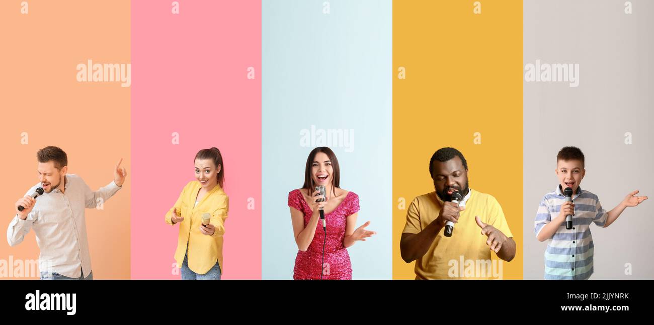Set of different people with microphones on color background Stock ...