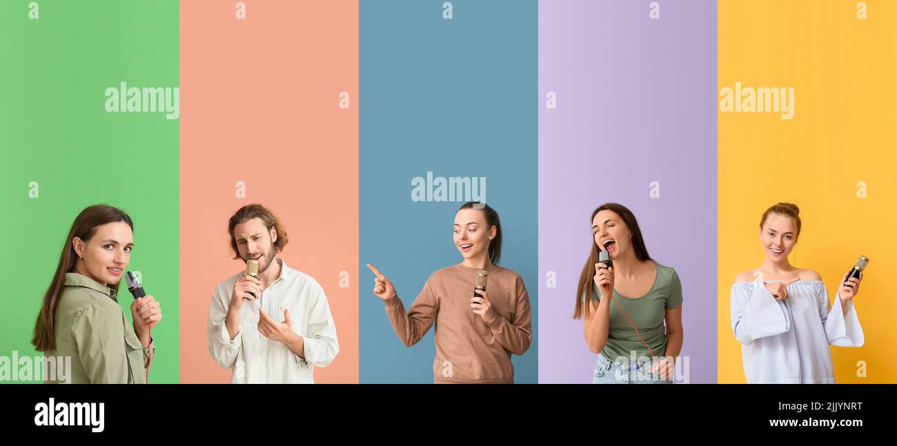 Set of different people with microphones on color background Stock ...