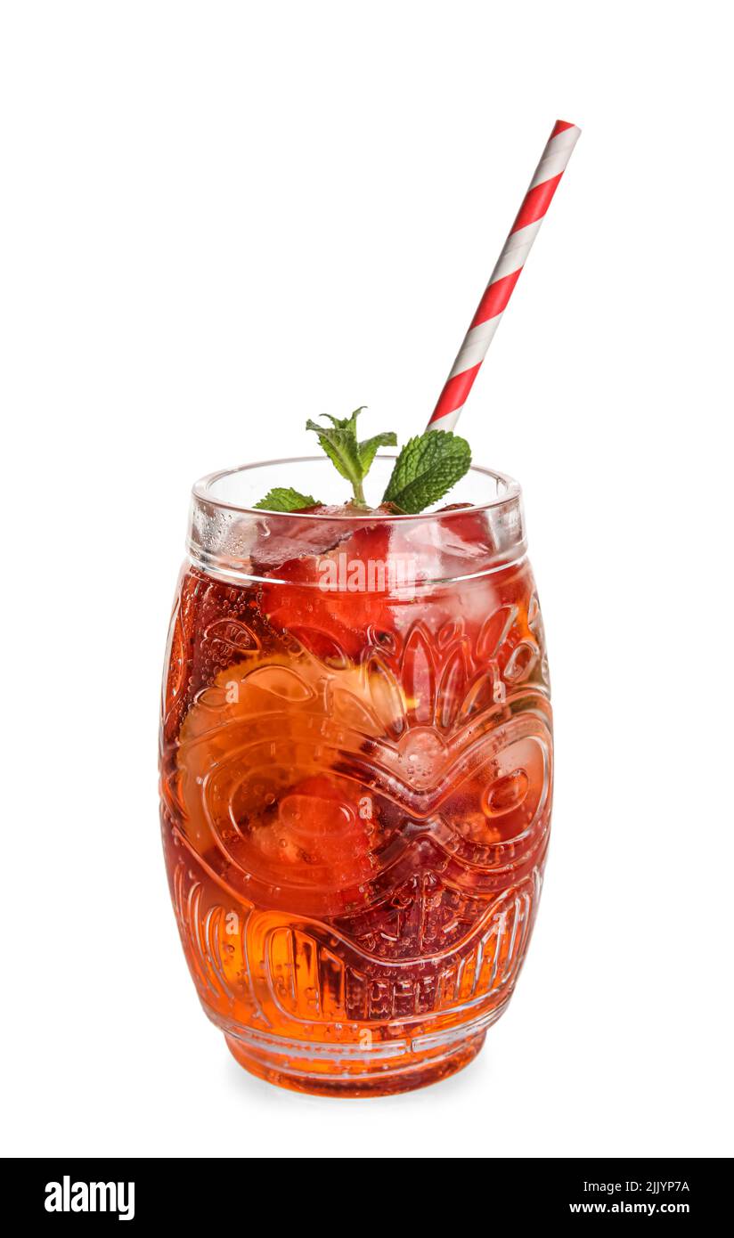 Glass of strawberry lemonade with straw on white background Stock Photo ...