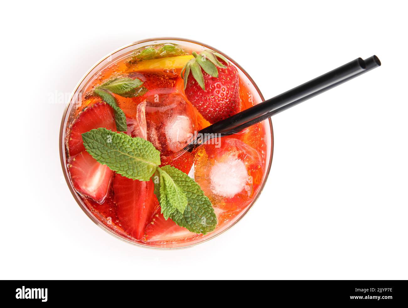 Glass of strawberry lemonade with straws on white background, top view ...