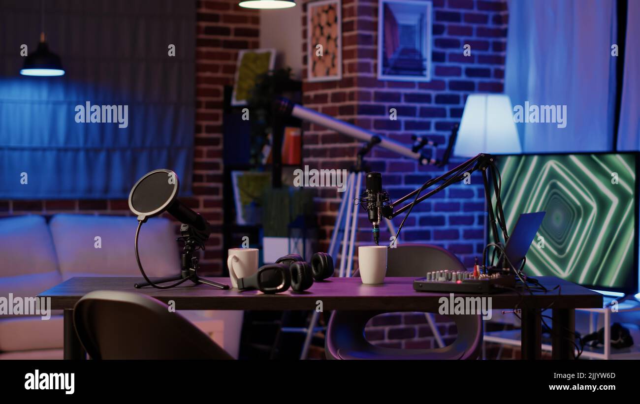 Empty vlogger desk with professional streaming equipment to broadcast ...